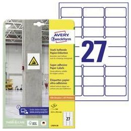 Avery-Zweckform L7874-20 Kraftkleber-Etiketten 63.5 x 29.6 mm Papier Wei&szlig; 540 St. Permanent haftend, Stark haftend Tintenstrahldrucker, Laserdrucker,