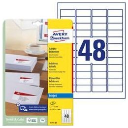 Avery-Zweckform J4791-25 Adress-Etiketten 45.7 x 21.2 mm Papier Wei&szlig; 1200 St. Permanent haftend Tintenstrahldrucker, Handbeschriftung