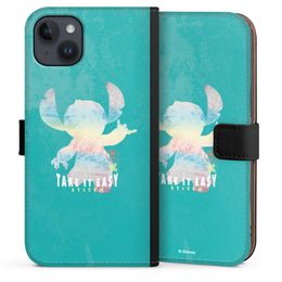 DeinDesign iPhone 14 Plus Handy Klapph&uuml;lle Handyh&uuml;lle aus Kunst Leder schwarz Flip Case Lilo & Stitch Official Licensed Product Disney Sideflip mit langer Lasche