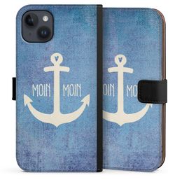 DeinDesign iPhone 14 Plus Handy Klapph&uuml;lle Handyh&uuml;lle aus Kunst Leder schwarz Flip Case Anchor Maritim Blue Sideflip mit langer Lasche