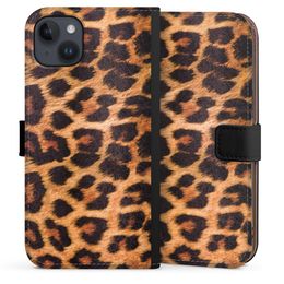 DeinDesign iPhone 14 Plus Handy Klapph&uuml;lle Handyh&uuml;lle aus Kunst Leder schwarz Flip Case Fur Leopard Animal Print Sideflip mit langer Lasche