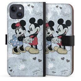 DeinDesign iPhone 14 Plus Handy Klapph&uuml;lle Handyh&uuml;lle aus Kunst Leder schwarz Flip Case Vintage Disney Sideflip mit langer Lasche