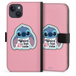 DeinDesign iPhone 14 Plus Handy Klapph&uuml;lle Handyh&uuml;lle aus Kunst Leder schwarz Flip Case Lilo & Stitch Disney Sayings Sideflip mit langer Lasche