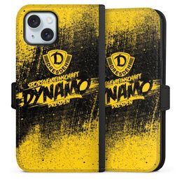 DeinDesign iPhone 15 Handy Klapph&uuml;lle Handyh&uuml;lle aus Kunst Leder schwarz Flip Case Logo Official Licensed Product Sg Dynamo Dresden Sideflip mit Lasche
