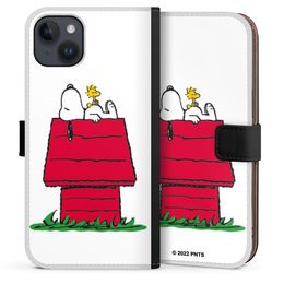 DeinDesign iPhone 14 Plus Handy Klapph&uuml;lle Handyh&uuml;lle aus Kunst Leder schwarz Flip Case Snoopy Peanuts Official Licensed Product Sideflip mit langer Lasche