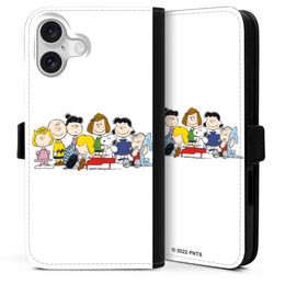 DeinDesign iPhone 16 Plus Handy Klapph&uuml;lle Handyh&uuml;lle aus Kunst Leder schwarz Flip Case Peanuts Kindheit Merchandise Sideflip mit Lasche