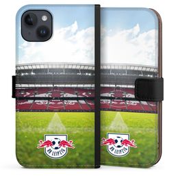 DeinDesign iPhone 14 Plus Handy Klapph&uuml;lle Handyh&uuml;lle aus Kunst Leder schwarz Flip Case Stadium Rb Leipzig Official Licensed Product Sideflip mit langer Lasche