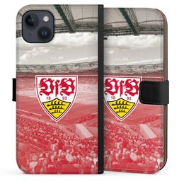 DeinDesign iPhone 14 Plus Handy Klapph&uuml;lle Handyh&uuml;lle aus Kunst Leder schwarz Flip Case Stadium Vfb Stuttgart Official Licensed Product Sideflip mit langer 