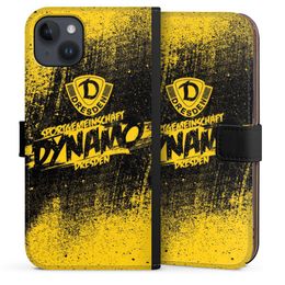 DeinDesign iPhone 14 Plus Handy Klapph&uuml;lle Handyh&uuml;lle aus Kunst Leder schwarz Flip Case Logo Official Licensed Product Sg Dynamo Dresden Sideflip mit langer 