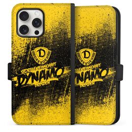 DeinDesign iPhone 15 Pro Max Handy Klapph&uuml;lle Handyh&uuml;lle aus Kunst Leder schwarz Flip Case Logo Official Licensed Product Sg Dynamo Dresden Sideflip mit Lasche