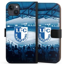 DeinDesign iPhone 14 Plus Handy Klapph&uuml;lle Handyh&uuml;lle aus Kunst Leder schwarz Flip Case Stadium 1. Fcm 1. Fc Magdeburg Sideflip mit langer Lasche