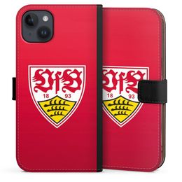 DeinDesign iPhone 14 Plus Handy Klapph&uuml;lle Handyh&uuml;lle aus Kunst Leder schwarz Flip Case Logo Official Licensed Product Vfb Stuttgart Sideflip mit langer Lasche