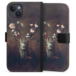 DeinDesign iPhone 14 Plus Handy Klapph&uuml;lle Handyh&uuml;lle aus Kunst Leder schwarz Flip Case Reindeer Flowers Rehe Sideflip mit langer Lasche