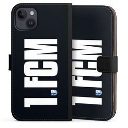 DeinDesign iPhone 14 Plus Handy Klapph&uuml;lle Handyh&uuml;lle aus Kunst Leder schwarz Flip Case 1. Fcm 1. Fc Magdeburg Official Licensed Product Sideflip mit langer 