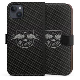 DeinDesign iPhone 14 Plus Handy Klapph&uuml;lle Handyh&uuml;lle aus Kunst Leder schwarz Flip Case Rb Leipzig Carbon Metallic Look Sideflip mit langer Lasche