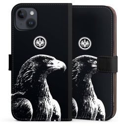 DeinDesign iPhone 14 Plus Handy Klapph&uuml;lle Handyh&uuml;lle aus Kunst Leder schwarz Flip Case Attila Official Licensed Product Eintracht Frankfurt Sideflip mit langer 