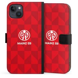 DeinDesign iPhone 14 Plus Handy Klapph&uuml;lle Handyh&uuml;lle aus Kunst Leder schwarz Flip Case Mainz 05 Official Licensed Product Merchandise Sideflip mit langer Lasche
