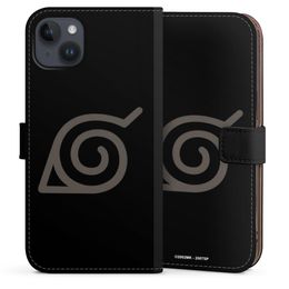 DeinDesign iPhone 14 Plus Handy Klapph&uuml;lle Handyh&uuml;lle aus Kunst Leder schwarz Flip Case Naruto Shippuden Konoha Logo Sideflip mit langer Lasche