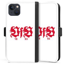 DeinDesign iPhone 13 Handy Klapph&uuml;lle Handyh&uuml;lle aus Kunst Leder schwarz Flip Case Official Licensed Product Lettering Vfb Stuttgart Sideflip mit Lasche