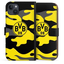 DeinDesign iPhone 14 Plus Handy Klapph&uuml;lle Handyh&uuml;lle aus Kunst Leder schwarz Flip Case Borussia Dortmund Merchandise Bvb Sideflip mit langer Lasche
