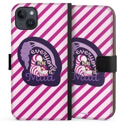DeinDesign iPhone 14 Plus Handy Klapph&uuml;lle Handyh&uuml;lle aus Kunst Leder schwarz Flip Case Disney Grinning Cat Alice In Wonderland Sideflip mit langer Lasche