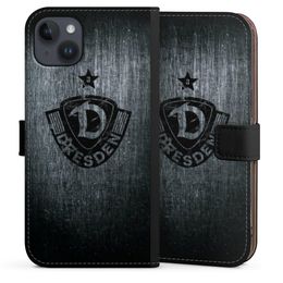 DeinDesign iPhone 14 Plus Handy Klapph&uuml;lle Handyh&uuml;lle aus Kunst Leder schwarz Flip Case Sg Dynamo Dresden Official Licensed Product Vintage Sideflip mit langer 