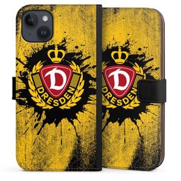 DeinDesign iPhone 14 Plus Handy Klapph&uuml;lle Handyh&uuml;lle aus Kunst Leder schwarz Flip Case Official Licensed Product Soccer Sg Dynamo Dresden Sideflip mit langer 