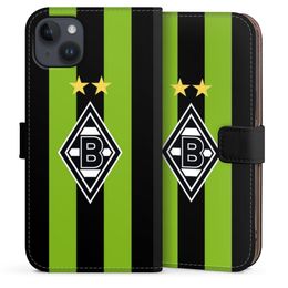DeinDesign iPhone 14 Plus Handy Klapph&uuml;lle Handyh&uuml;lle aus Kunst Leder schwarz Flip Case Stripes Borussia M&ouml;nchengladbach Gladbach Sideflip mit langer Lasche