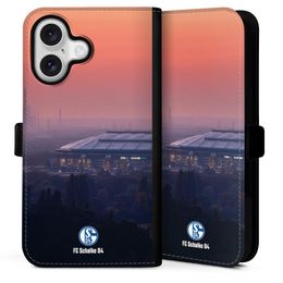 DeinDesign iPhone 16 Handy Klapph&uuml;lle Handyh&uuml;lle aus Kunst Leder schwarz Flip Case Fc Schalke 04 Official Licensed Product Stadium Sideflip mit Lasche