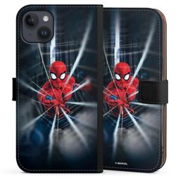 DeinDesign iPhone 14 Plus Handy Klapph&uuml;lle Handyh&uuml;lle aus Kunst Leder schwarz Flip Case Kinofilm Marvel Spiderman Sideflip mit langer Lasche