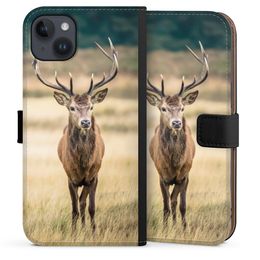 DeinDesign iPhone 14 Plus Handy Klapph&uuml;lle Handyh&uuml;lle aus Kunst Leder schwarz Flip Case Forrest Deer Meadow Sideflip mit langer Lasche