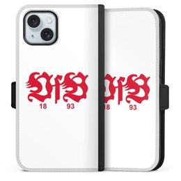 DeinDesign iPhone 15 Handy Klapph&uuml;lle Handyh&uuml;lle aus Kunst Leder schwarz Flip Case Official Licensed Product Lettering Vfb Stuttgart Sideflip mit Lasche