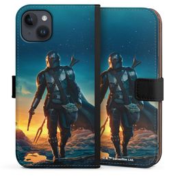 DeinDesign iPhone 14 Plus Handy Klapph&uuml;lle Handyh&uuml;lle aus Kunst Leder schwarz Flip Case Star Wars The Mandalorian Sunset Sideflip mit langer Lasche