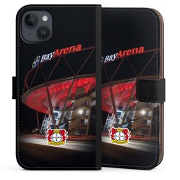 DeinDesign iPhone 14 Plus Handy Klapph&uuml;lle Handyh&uuml;lle aus Kunst Leder schwarz Flip Case Official Licensed Product Bayer 04 Leverkusen Stadium Sideflip mit langer