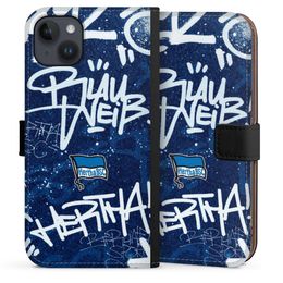 DeinDesign iPhone 14 Plus Handy Klapph&uuml;lle Handyh&uuml;lle aus Kunst Leder schwarz Flip Case Official Licensed Product Hertha Bsc Graffiti Sideflip mit langer Lasche