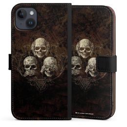 DeinDesign iPhone 14 Plus Handy Klapph&uuml;lle Handyh&uuml;lle aus Kunst Leder schwarz Flip Case Gothic Art Skulls Sideflip mit langer Lasche