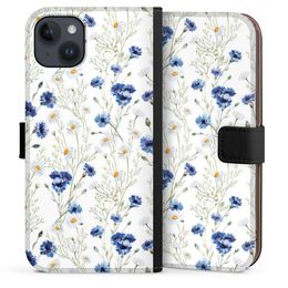 DeinDesign iPhone 14 Plus Handy Klapph&uuml;lle Handyh&uuml;lle aus Kunst Leder schwarz Flip Case Flowers Muster Flower Sideflip mit langer Lasche