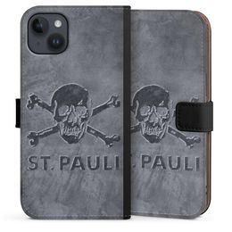 DeinDesign iPhone 14 Plus Handy Klapph&uuml;lle Handyh&uuml;lle aus Kunst Leder schwarz Flip Case Logo Fc St. Pauli Concrete Sideflip mit langer Lasche