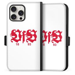 DeinDesign iPhone 15 Pro Max Handy Klapph&uuml;lle Handyh&uuml;lle aus Kunst Leder schwarz Flip Case Official Licensed Product Lettering Vfb Stuttgart Sideflip mit Lasche