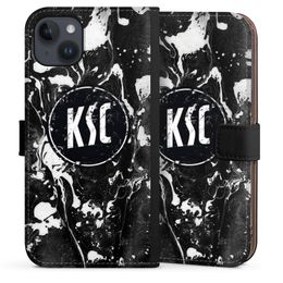 DeinDesign iPhone 14 Plus Handy Klapph&uuml;lle Handyh&uuml;lle aus Kunst Leder schwarz Flip Case Karlsruher Sc Ksc Official Licensed Product Sideflip mit langer Lasche