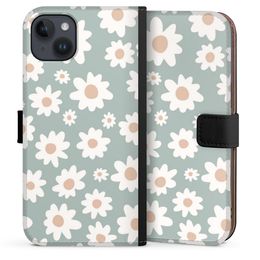 DeinDesign iPhone 14 Plus Handy Klapph&uuml;lle Handyh&uuml;lle aus Kunst Leder schwarz Flip Case Daisy Muster Flowers Sideflip mit langer Lasche