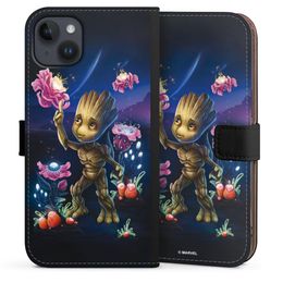 DeinDesign iPhone 14 Plus Handy Klapph&uuml;lle Handyh&uuml;lle aus Kunst Leder schwarz Flip Case Baby Groot Marvel Guardians Of The Galaxy Sideflip mit langer Lasche