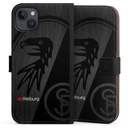 DeinDesign iPhone 14 Plus Handy Klapph&uuml;lle Handyh&uuml;lle aus Kunst Leder schwarz Flip Case Sc Freiburg Metallic Look Official Licensed Product Sideflip mit langer 