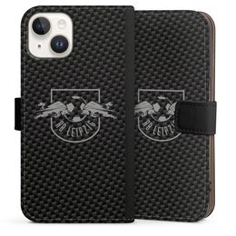 DeinDesign iPhone 14 Handy Klapph&uuml;lle Handyh&uuml;lle aus Kunst Leder schwarz Flip Case Rb Leipzig Carbon Metallic Look Sideflip mit Lasche