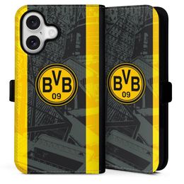 DeinDesign iPhone 16 Handy Klapph&uuml;lle Handyh&uuml;lle aus Kunst Leder schwarz Flip Case Bvb Borussia Dortmund Stadium Sideflip mit Lasche