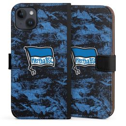 DeinDesign iPhone 14 Plus Handy Klapph&uuml;lle Handyh&uuml;lle aus Kunst Leder schwarz Flip Case Flag Hertha Bsc Logo Sideflip mit langer Lasche