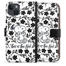 DeinDesign iPhone 14 Plus Handy Klapph&uuml;lle Handyh&uuml;lle aus Kunst Leder schwarz Flip Case Peanuts Flowers Snoopy Sideflip mit langer Lasche