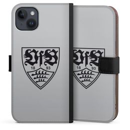 DeinDesign iPhone 14 Plus Handy Klapph&uuml;lle Handyh&uuml;lle aus Kunst Leder schwarz Flip Case Logo Official Licensed Product Vfb Stuttgart Sideflip mit langer Lasche