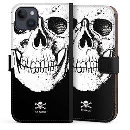 DeinDesign iPhone 14 Plus Handy Klapph&uuml;lle Handyh&uuml;lle aus Kunst Leder schwarz Flip Case Totenkopf Fc St. Pauli Official Licensed Product Sideflip mit langer 