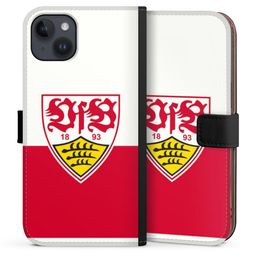 DeinDesign iPhone 14 Plus Handy Klapph&uuml;lle Handyh&uuml;lle aus Kunst Leder schwarz Flip Case Vfb Stuttgart Logo Official Licensed Product Sideflip mit langer Lasche